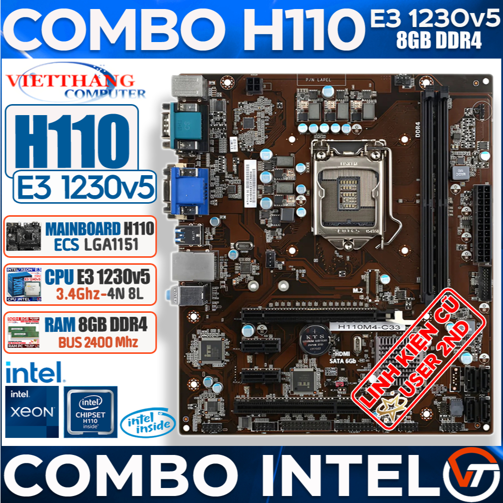 Combo H110 ECS + CPU E3 1230v5 3.4Ghz ~ i7 6700 4N 8L + Ram 8GB DDR4 đã qua sử dụng ( Cũ - 2nd ...