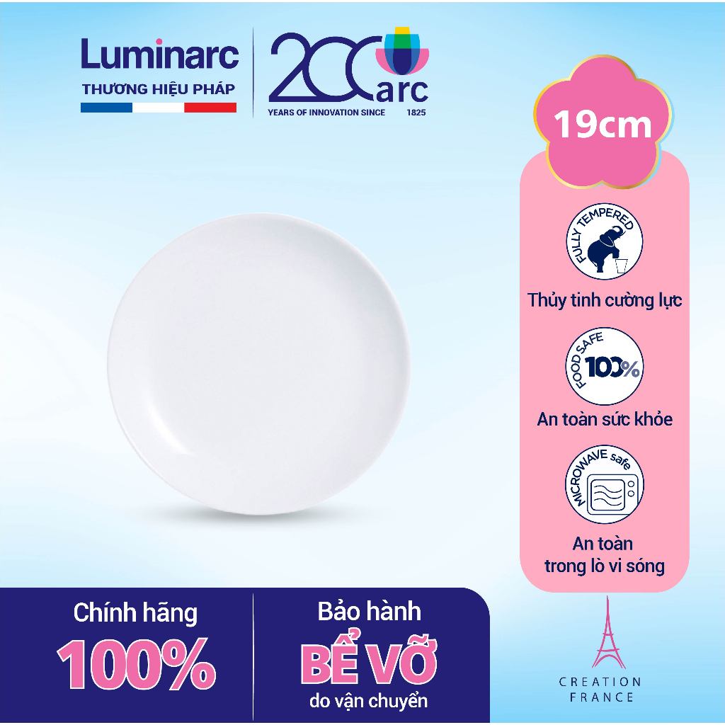 Đĩa thủy tinh Luminarc Diwali nông lòng 19cm N3603, đĩa tròn 19cm, thủy ...