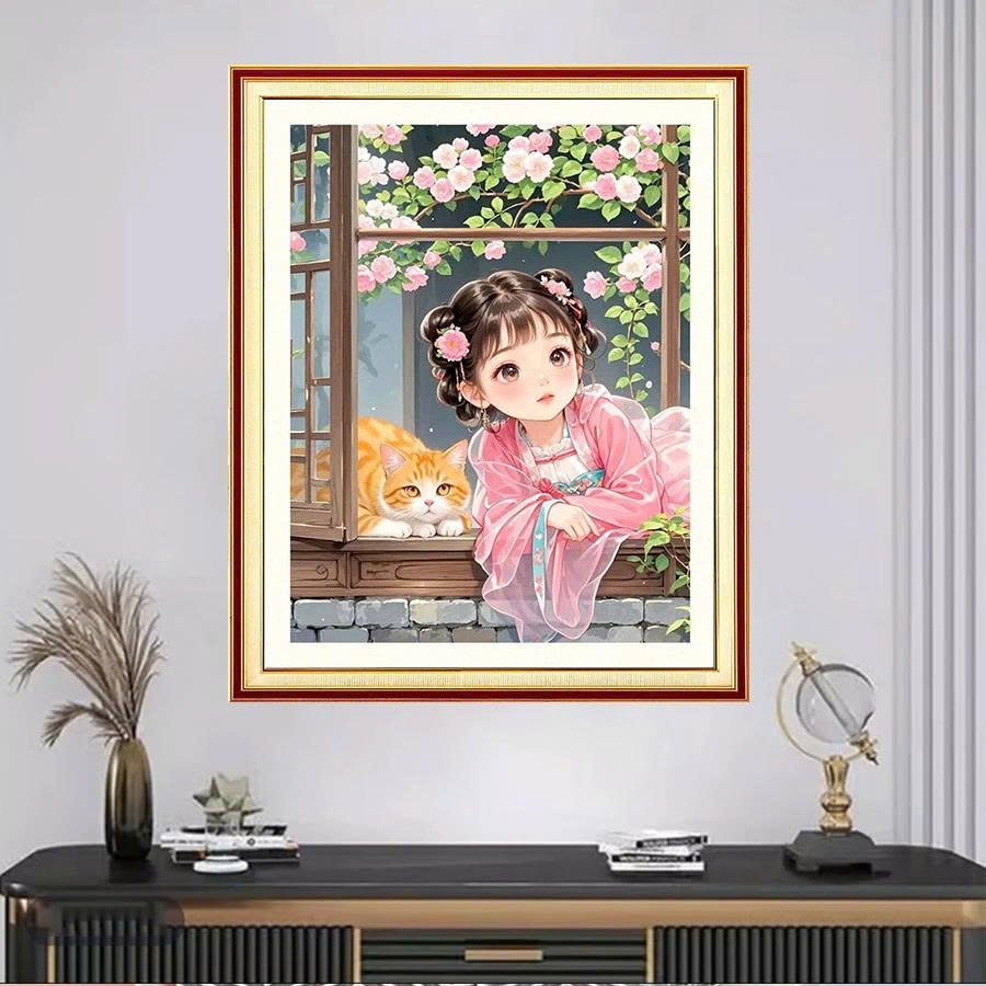 Tranh thêu chữ thập Cô Bé Và Mèo (thêu kín) 7140 - KT:(50x67)cm ...