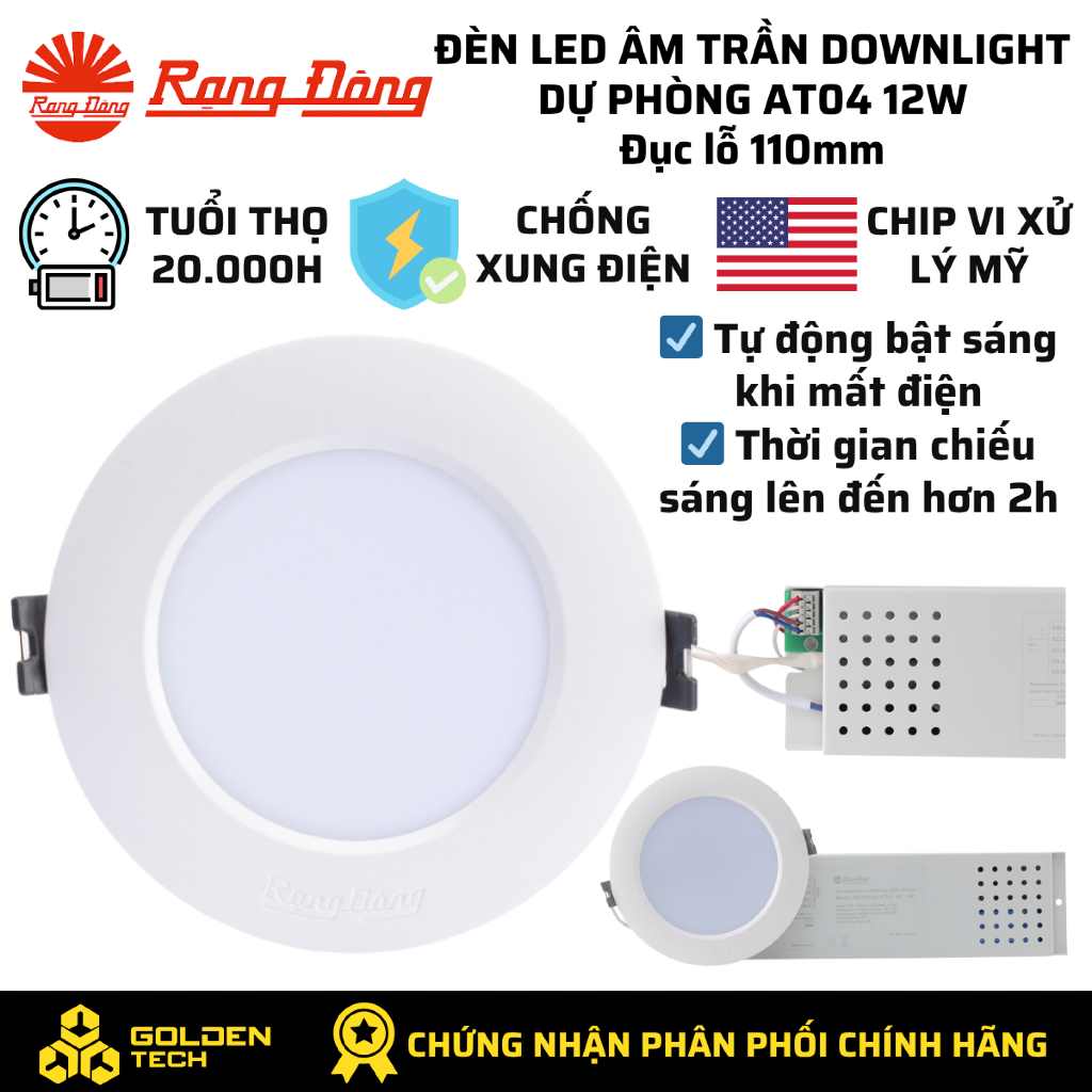 Đèn LED âm trần Downlight dự phòng Rạng Đông 12W Đục lỗ 110mm Ánh sáng Trắng 6500K AT04 DP ...