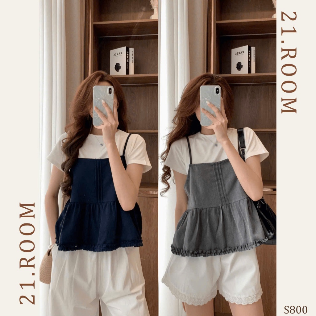Set Áo 2 Dây Xếp Ly Kèm Áo Thun 21.ROOM S800 | Shopee Việt Nam