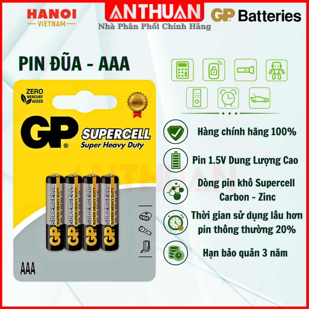 Pin Đũa 1.5V AAA GP Super Heavy Duty - Vỉ 4 viên pin 3A cao cấp dùng ...