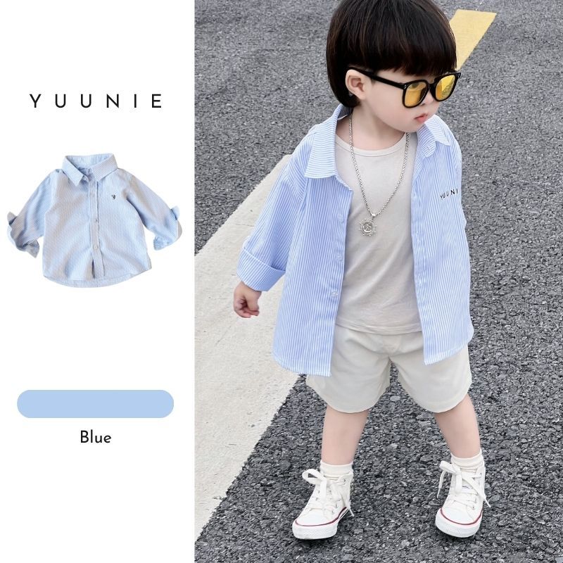 Áo sơ mi bé trai hàn quốc Yuunie, áo sọc xanh cotton thoáng mát đi học ...