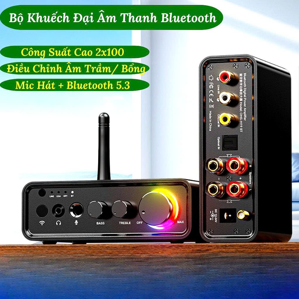 AMPLY M19 MINI, CÔNG XUẤT 2x100W, 2 KÊNH, Có điều khiển,Echo, Bass, Treble, EQ, Bluetooth 5.0 ...