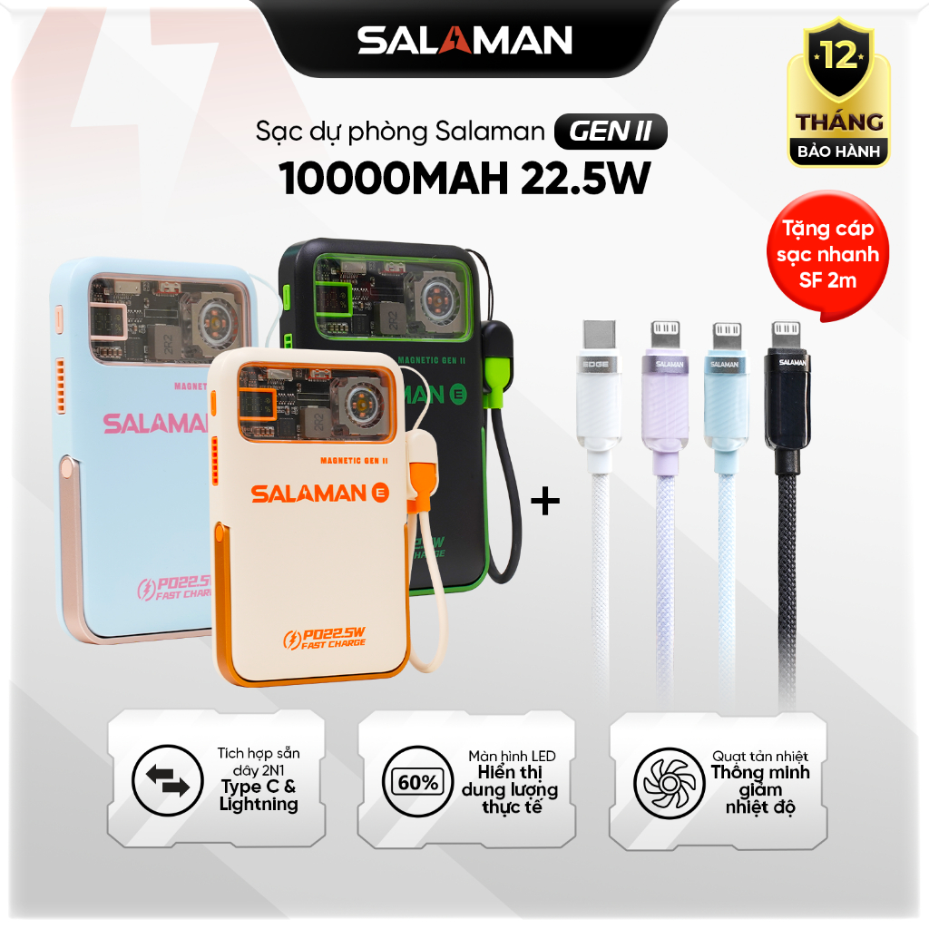 [TẶNG CÁP 2M] Sạc Dự Phòng Salaman AirFan Gen II 10000mAh|Sạc Nhanh 22 ...