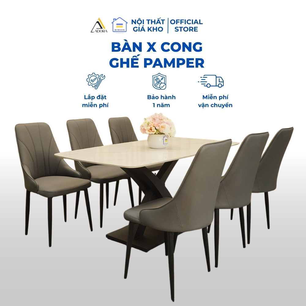 Bàn Ăn Adora Mặt Đá Ceramic Bóng Chân X cong Kèm 4/6/8 Ghế Pamper ...