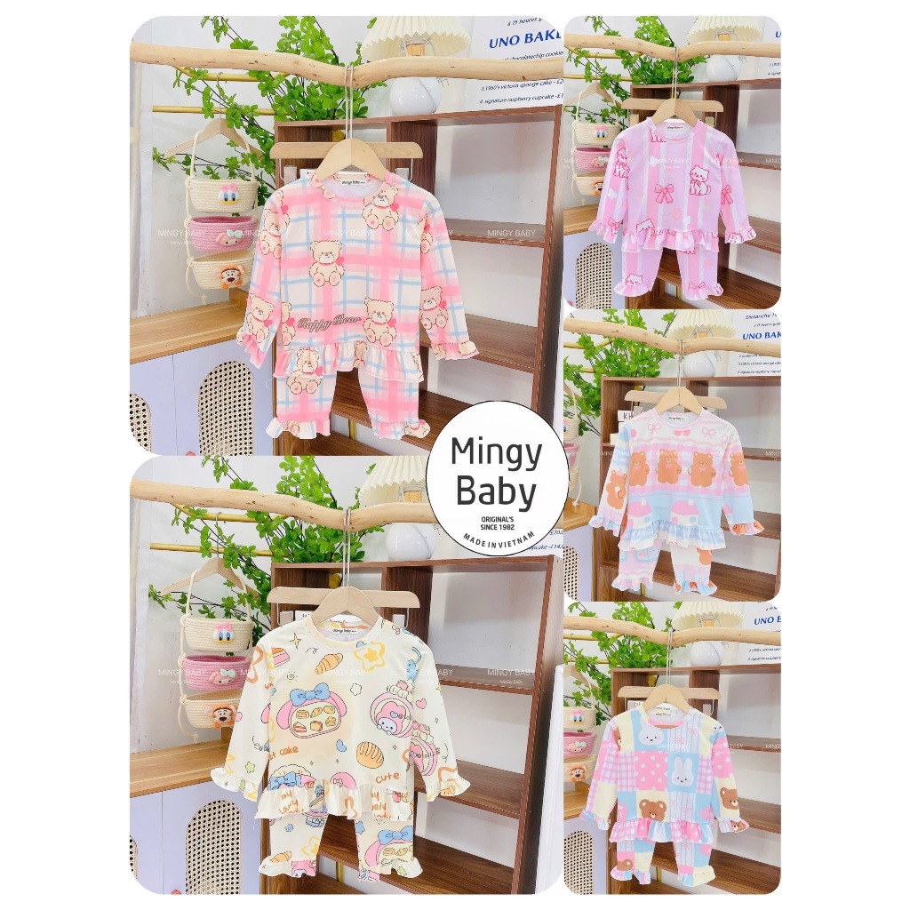 Bộ dài tay thun lạnh MINGY BABY cho bé gái từ 6-27kg, in 3D phối bèo co ...