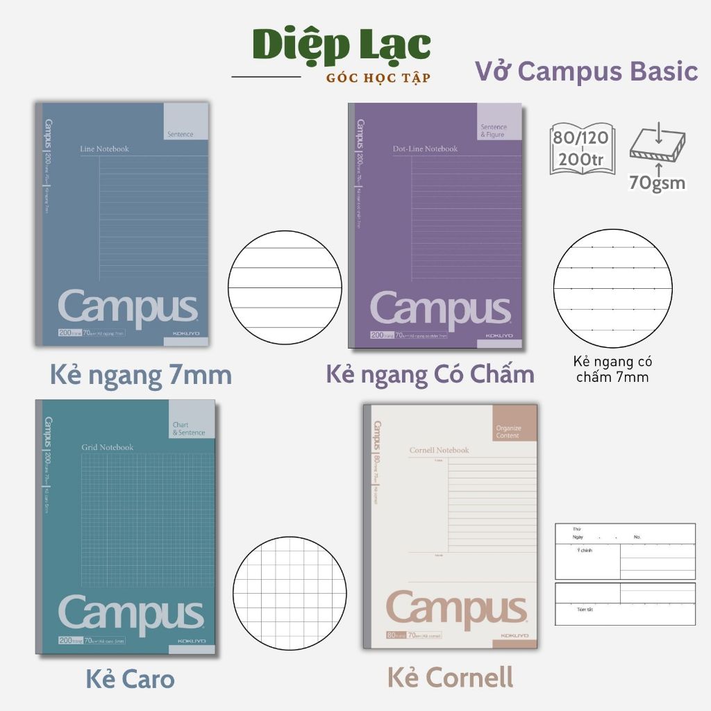 (nhiều mẫu dòng kẻ) Vở Campus Basic 80/120/200tr, khổ B5/A4 giấy dày ...