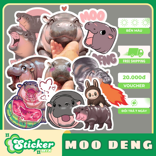 Bộ 50 Sticker Hà Mã Moo Deng chống nước trang trí bàn học,hộp bút ...