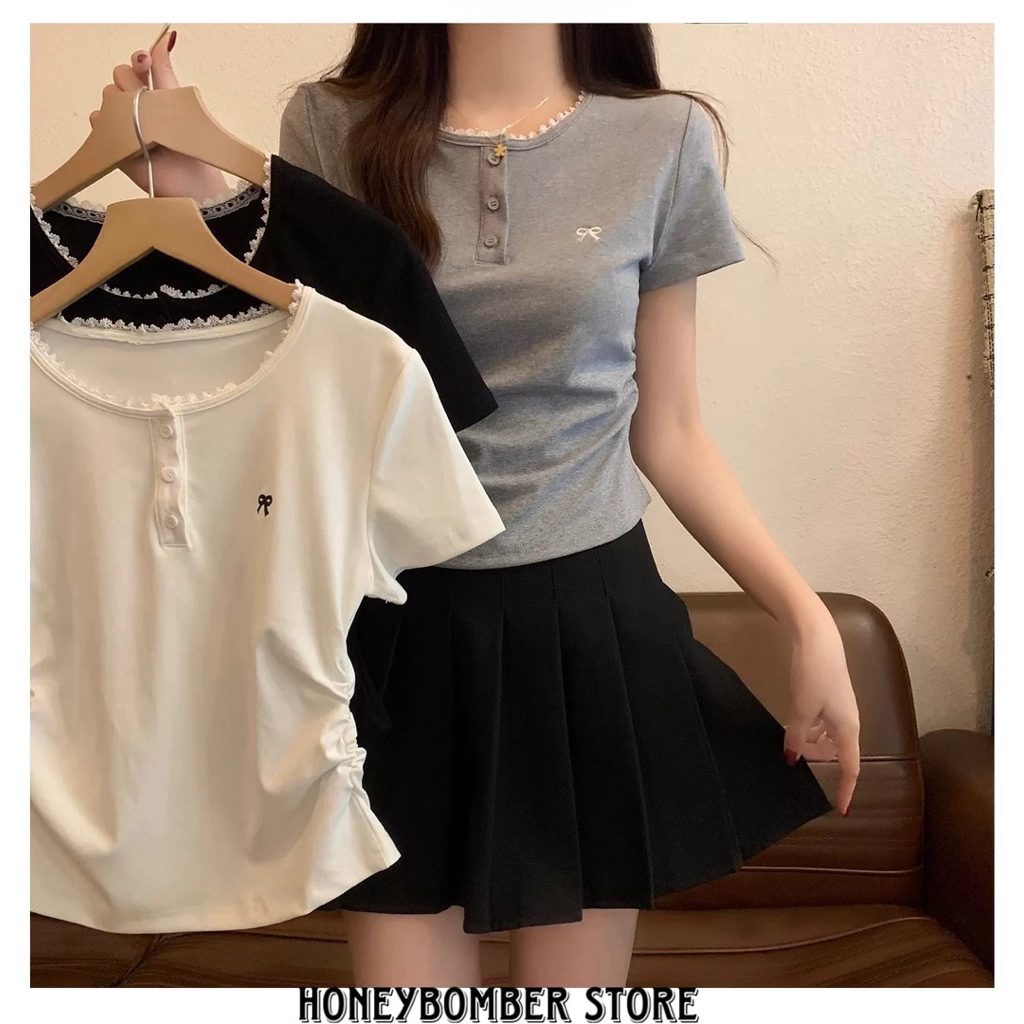 Áo Thun Cúc Nơ Thêu Phối Ren Rút [FREESHIP]🌸Áo Nữ babytee Chất cotton ...