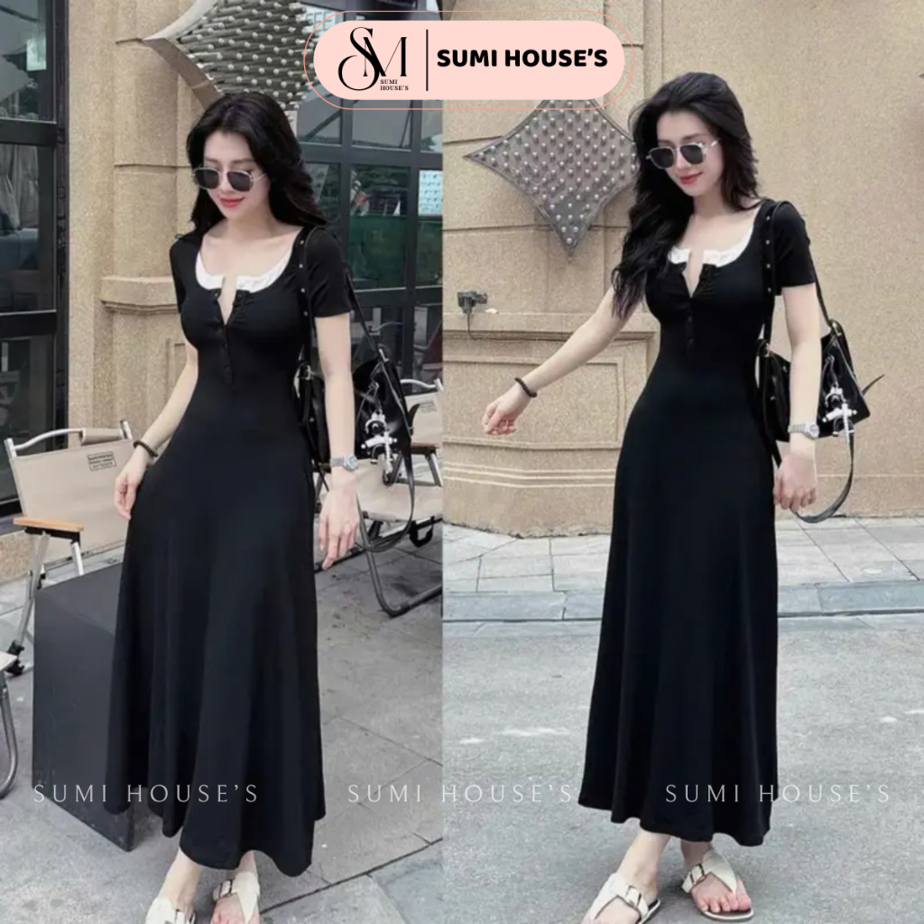 [Ảnh thật] Váy nữ dáng dài cổ vuông cài khuy phối 2 viền đen trắng dáng xòe nhẹ xinh xắn - Thun ...