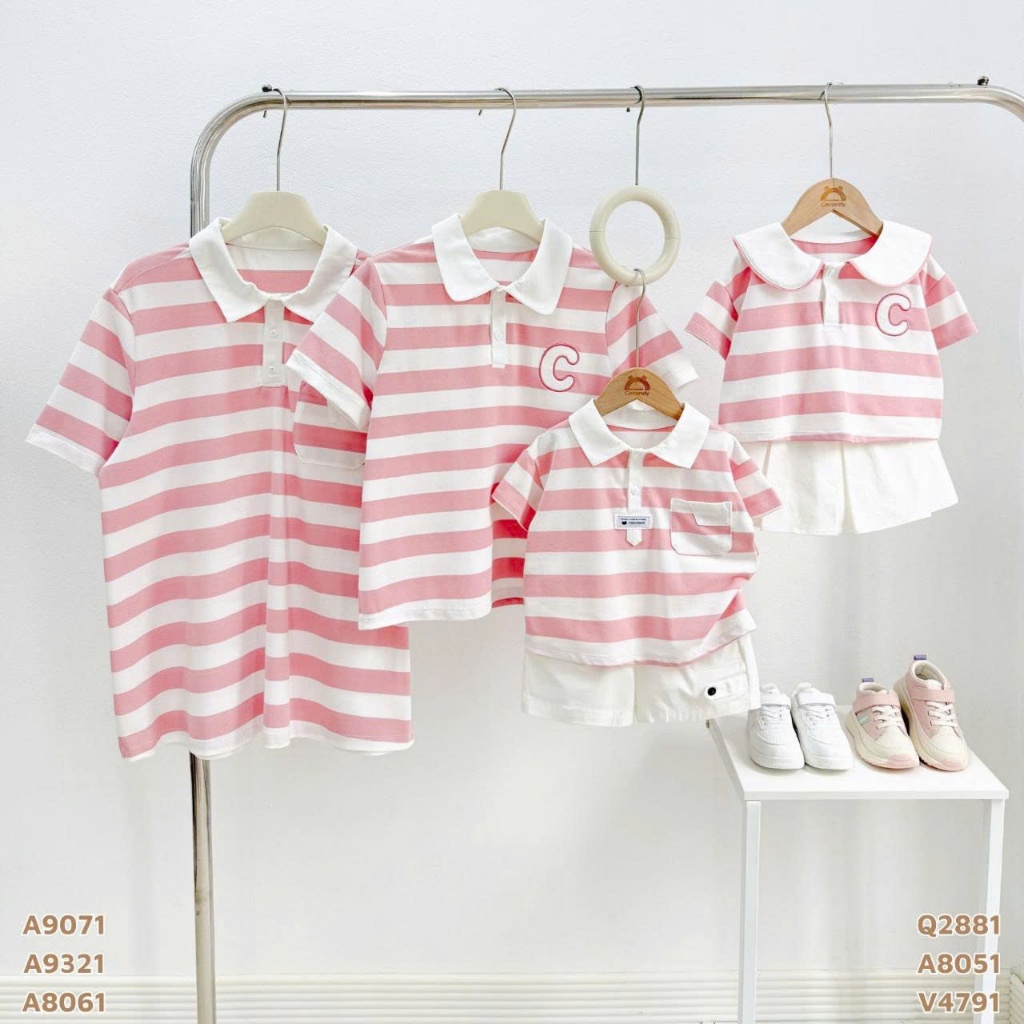 Set gia đình COCANDY-Áo cộc kẻ HỒNG polo phối đáp nẹp cho bé A8061 ...