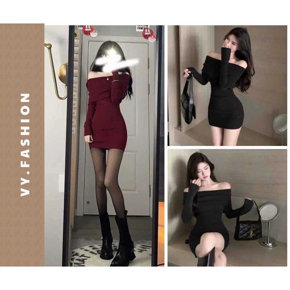 Váy Body Trễ Vai tay dài dáng ngắn ôm body sang chảnh , Vai Màu Đen ...