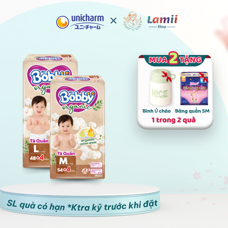 Combo 2 Tã Quần Bobby Organic Bỉm Cao Cấp Dành Cho Bé Chính Hãng full size M54, L48, XL, 2XL ...
