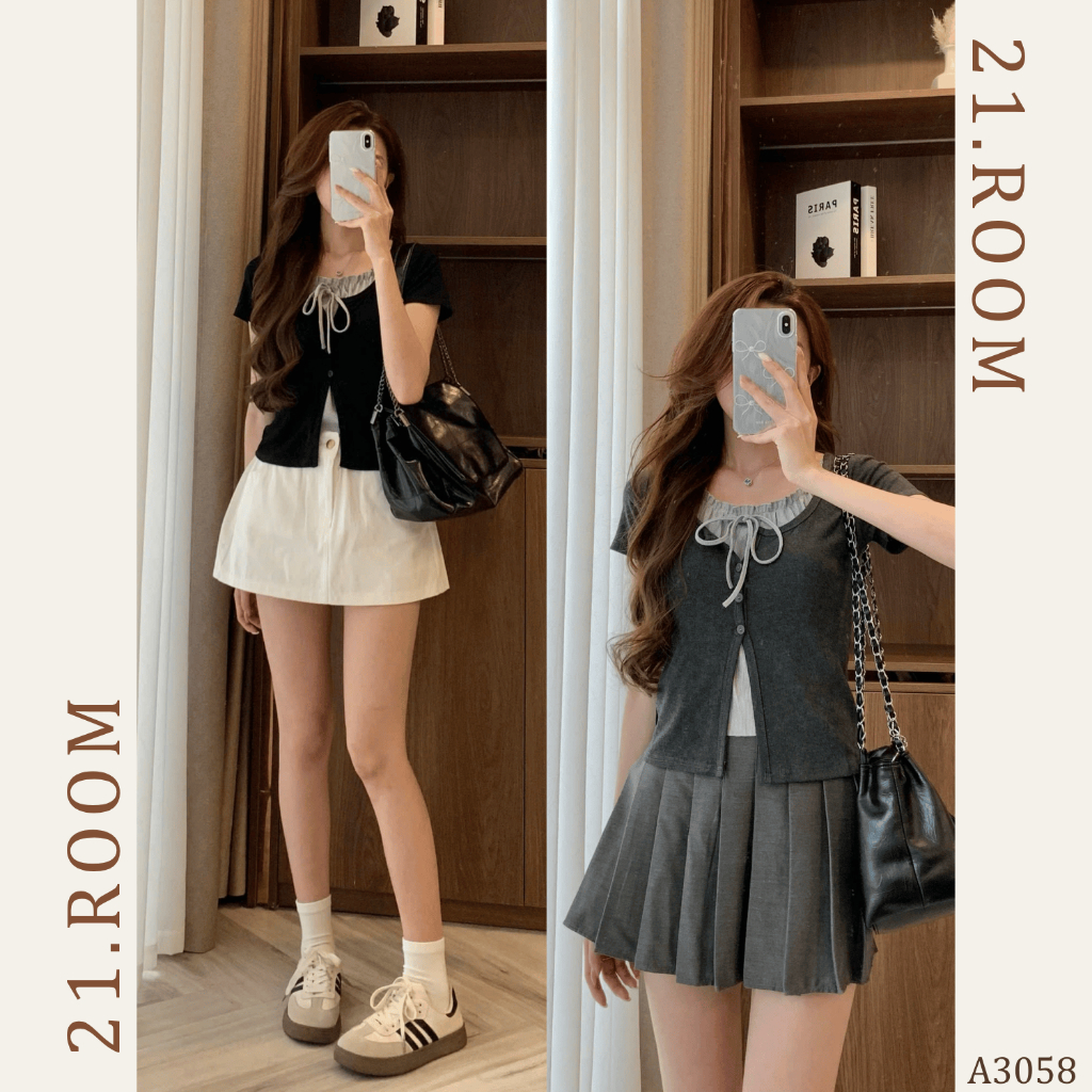 Áo Thun Tăm Cổ Phối Bèo Nơ Buộc 21.ROOM A3058 | Shopee Việt Nam