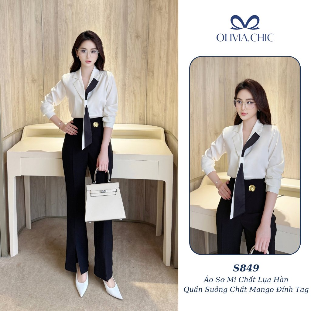 Set Đồ Công Sở OLIVIA.CHIC Áo Sơ Mi Lụa Cổ Phối Phạt Dài, Quần Ống Loe ...