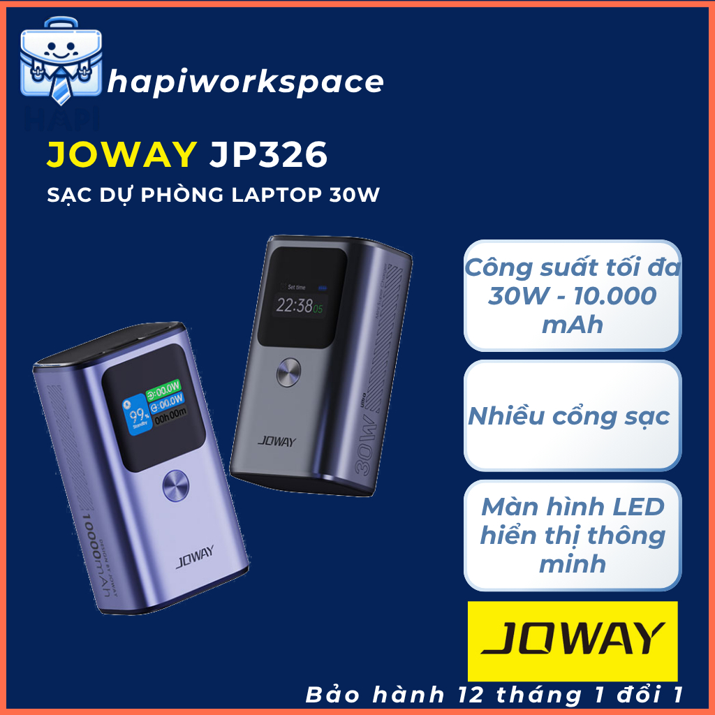 Sạc dự phòng Joway 10.000mAh 30W JW-JP326 siêu nhỏ gọn, màn hình hiển ...