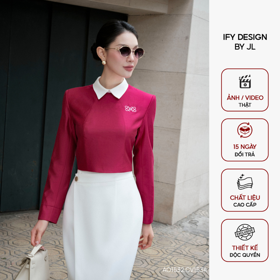 Set đồ nữ công sở cao cấp IFY Design áo croptop tơ cổ sơ mi họa tiết ...