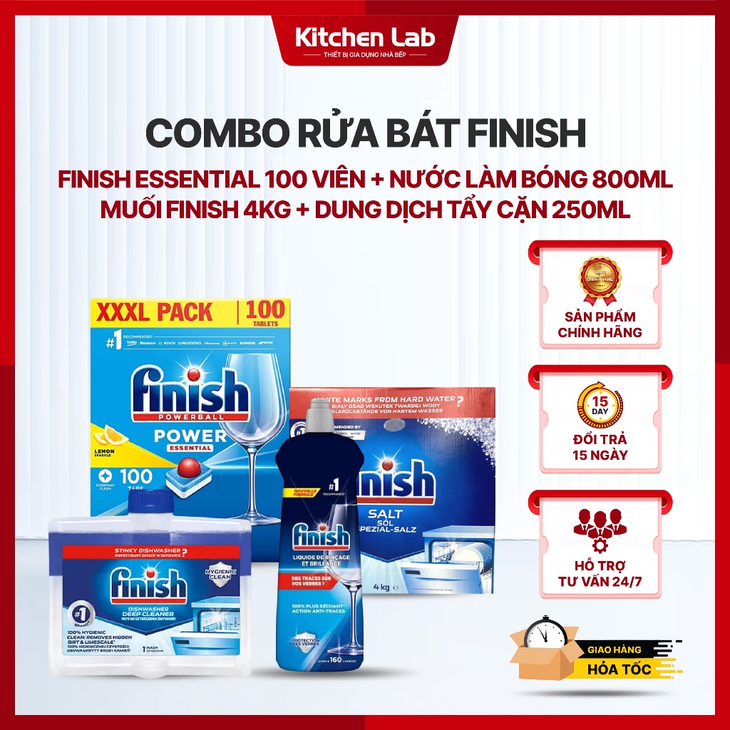 Combo Viên Rửa Bát Finish Essential 100 viên + Nước Làm Bóng Finish ...