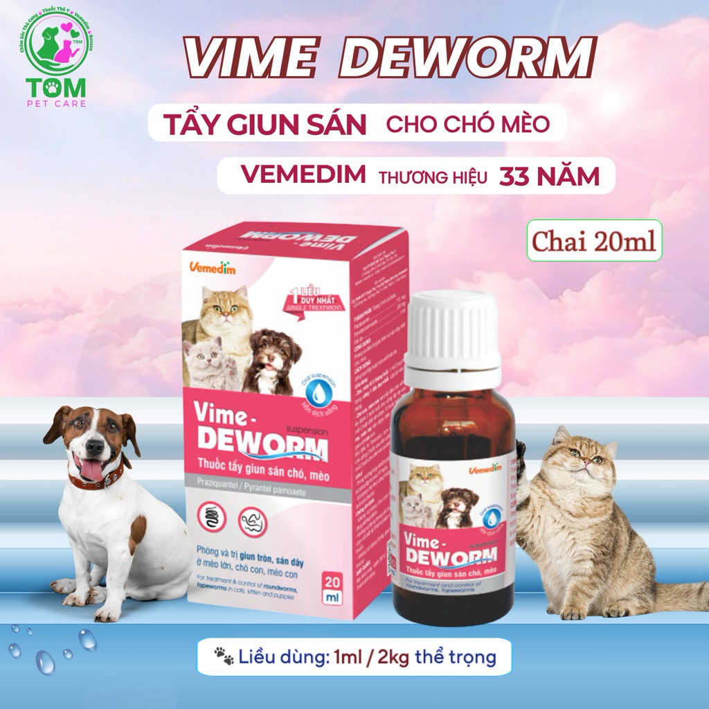 VIME DEWORM Vemedim tẩy Giun sán cho CHÓ MÈO, xổ giun sán. chai 20ml ...
