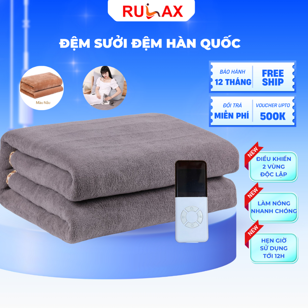 Chăn Đệm Điện Sưởi Ấm RULAX, 2 Vùng Nhiệt Độc Lập Cao Cấp, Làm Nóng Cực ...