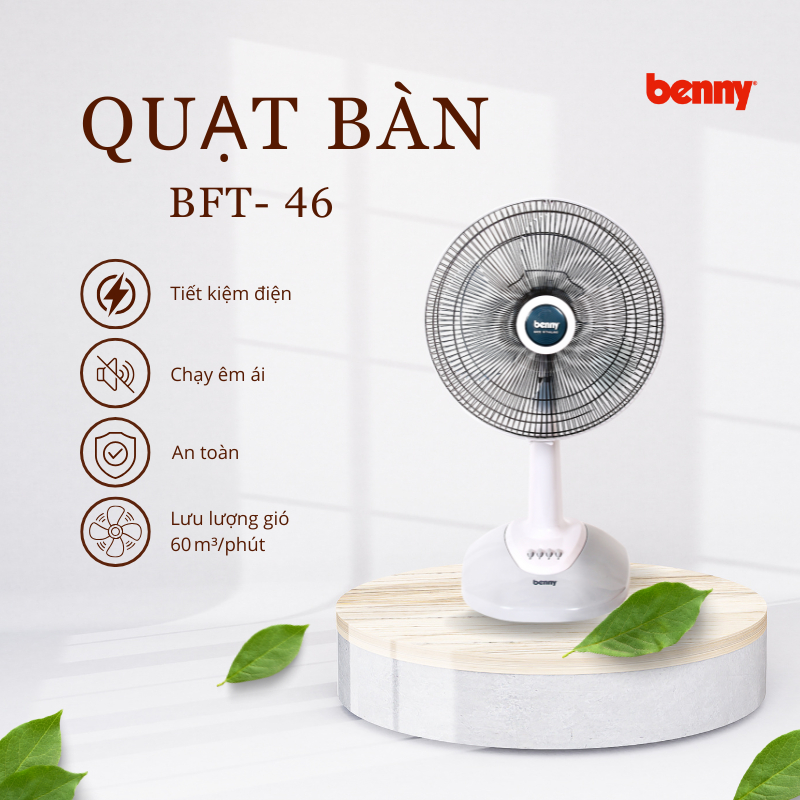 Quạt Bàn Thiết kế Nhỏ gọn Benny BFT-46 gió êm, Gray, 60W, 60m3/phút ...