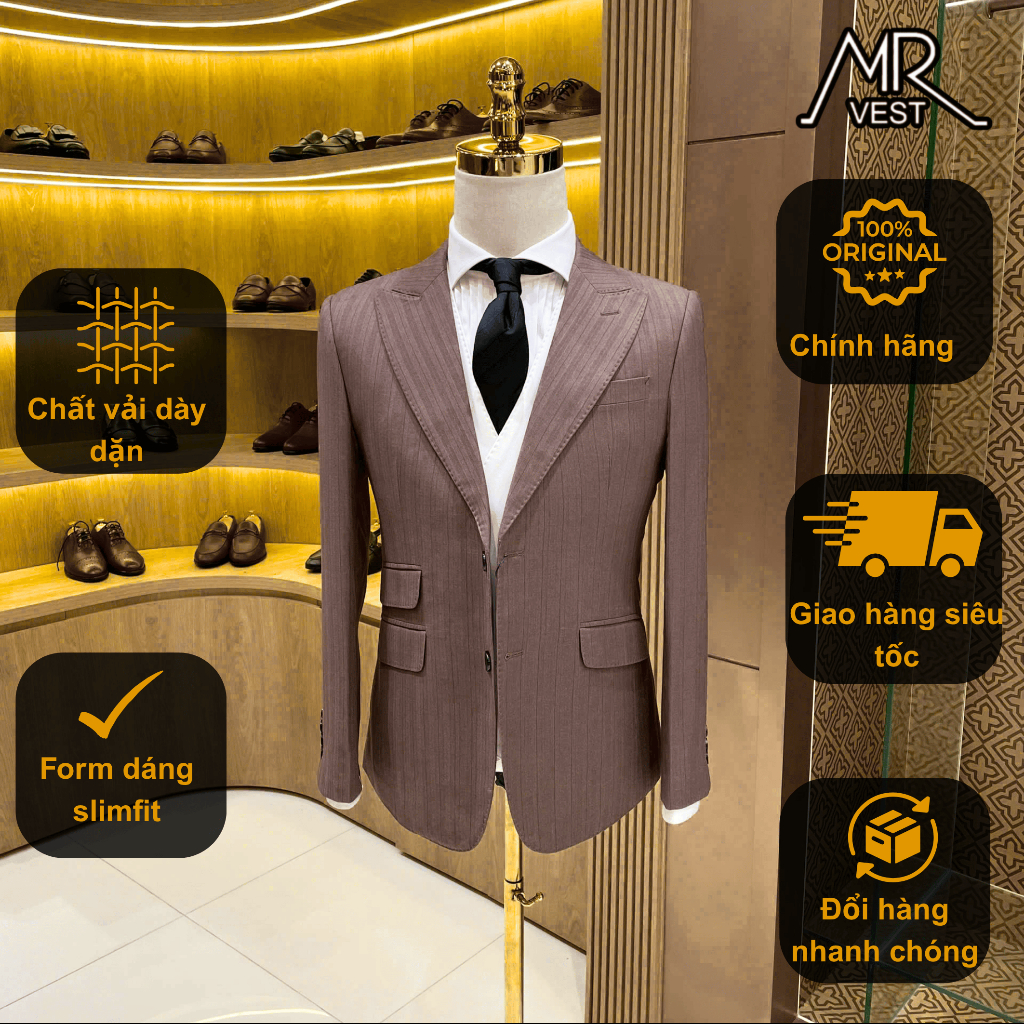 Bộ Suit nam thiết kế cao cấp nâu kẻ MRV302 | Shopee Việt Nam