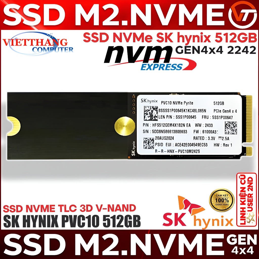 Ổ cứng SSD SK Hynix M2.Nvme PVC10 512GB Gen4x4 2242 Good 100% còn đẹp Tặng khay 2280 ( Cũ - 2nd ...