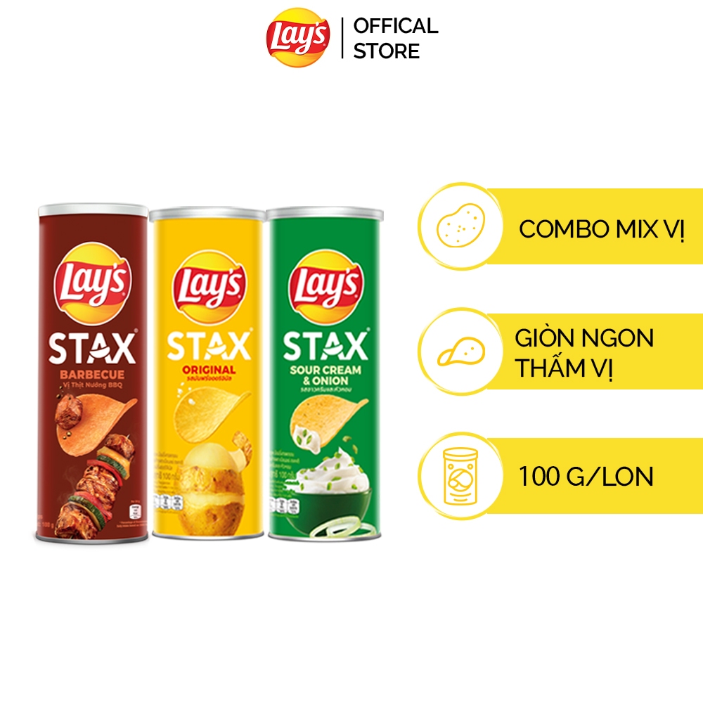 Combo 3 Lay's Stax 100g (Thịt nướng BBQ, Tự nhiên, Kem chua hành ...