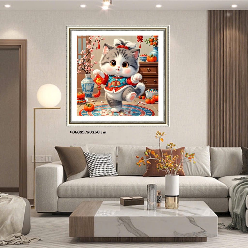 Tranh thêu kín mèo thần tài KT:50x60cm, tranh chưa thêu và không khung ...