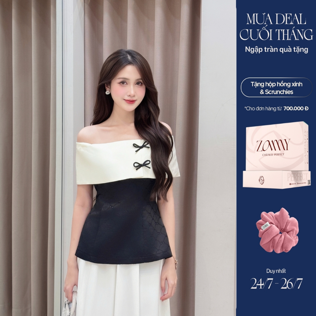 ZAMY SHOP - SM TK gấm trễ vai phối tafta nữ tiểu thư dịu dàng dạo phố đi làm, đi chơi form dễ ...