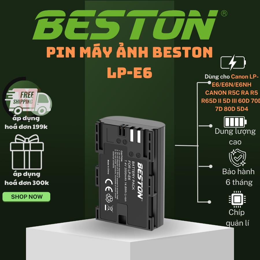 Pin + Sạc Beston LP-E6 dùng cho máy ảnh CANON R5C RA R5 R65D II 5D III 60D 70D 7D 80D 5D4 ...