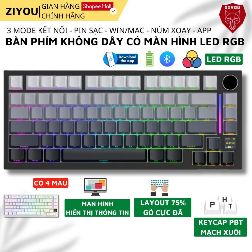 Bàn Phím Cơ Không Dây Ziyou Attack Shark X820 Ultra 3 Mode, Pin 4000mAh, LED RGB, Màn Hình LCD ...