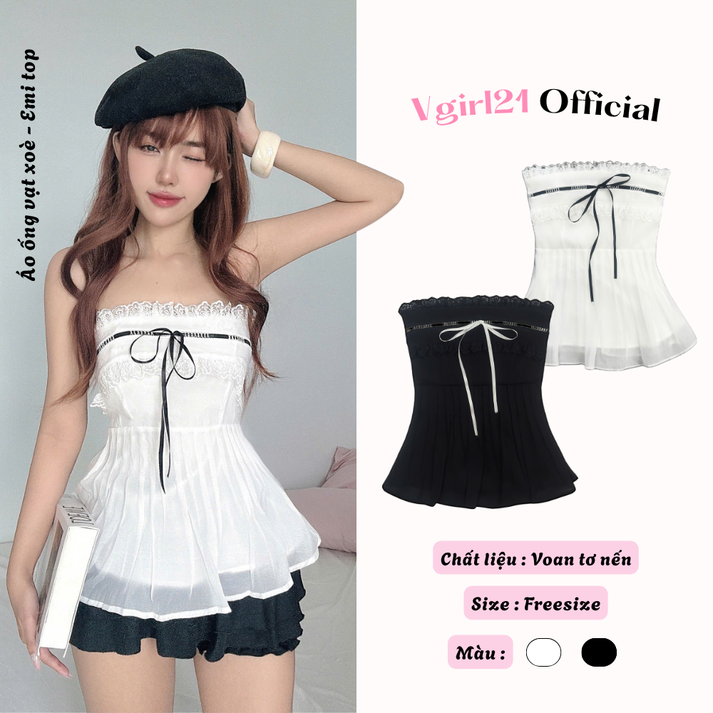 Áo quây nữ nơ viền ren VGIRL áo kiểu nữ áo ống cúp ngực form chiết eo dáng xoè lưng bo chun[Emi ...