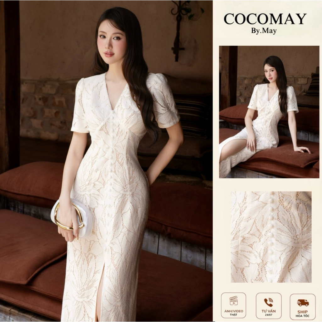 COCOMAY - Đầm Trà Lace cổ V ren hoa midi đính nút | Shopee Việt Nam