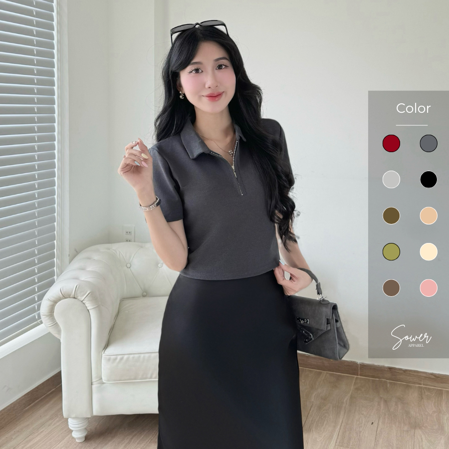 Áo polo nữ croptop tay ngắn dây kéo kim loại Sower tay ngắn vải thun nano - Labi polo | Shopee ...