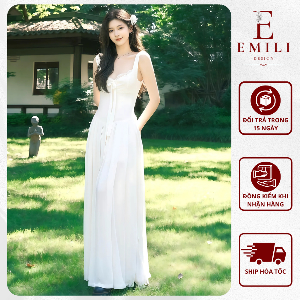 Váy maxi hai dây cổ chữ V kiểu nữ xếp li Emili Design phong cách Hàn ...