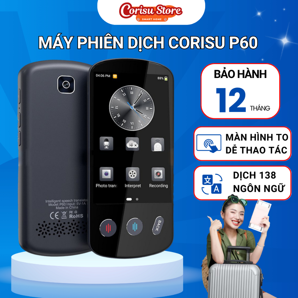 Máy phiên dịch ngôn ngữ Corisu P60 dịch 138 ngôn ngữ màn hình hiển thị lớn 4.0 inch, dịch giao ...