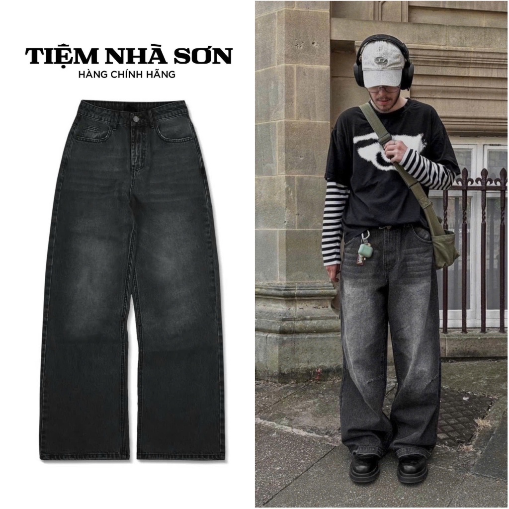 Quần Jean Wash Đen Ống Suông Unisex Cạp Cao Nam Nữ Tiệm Nhà SƠN ...