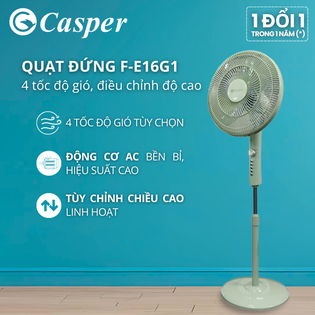 Quạt cây đứng Casper F-E16G1 với 4 tốc độ gió, điều chỉnh độ cao ...