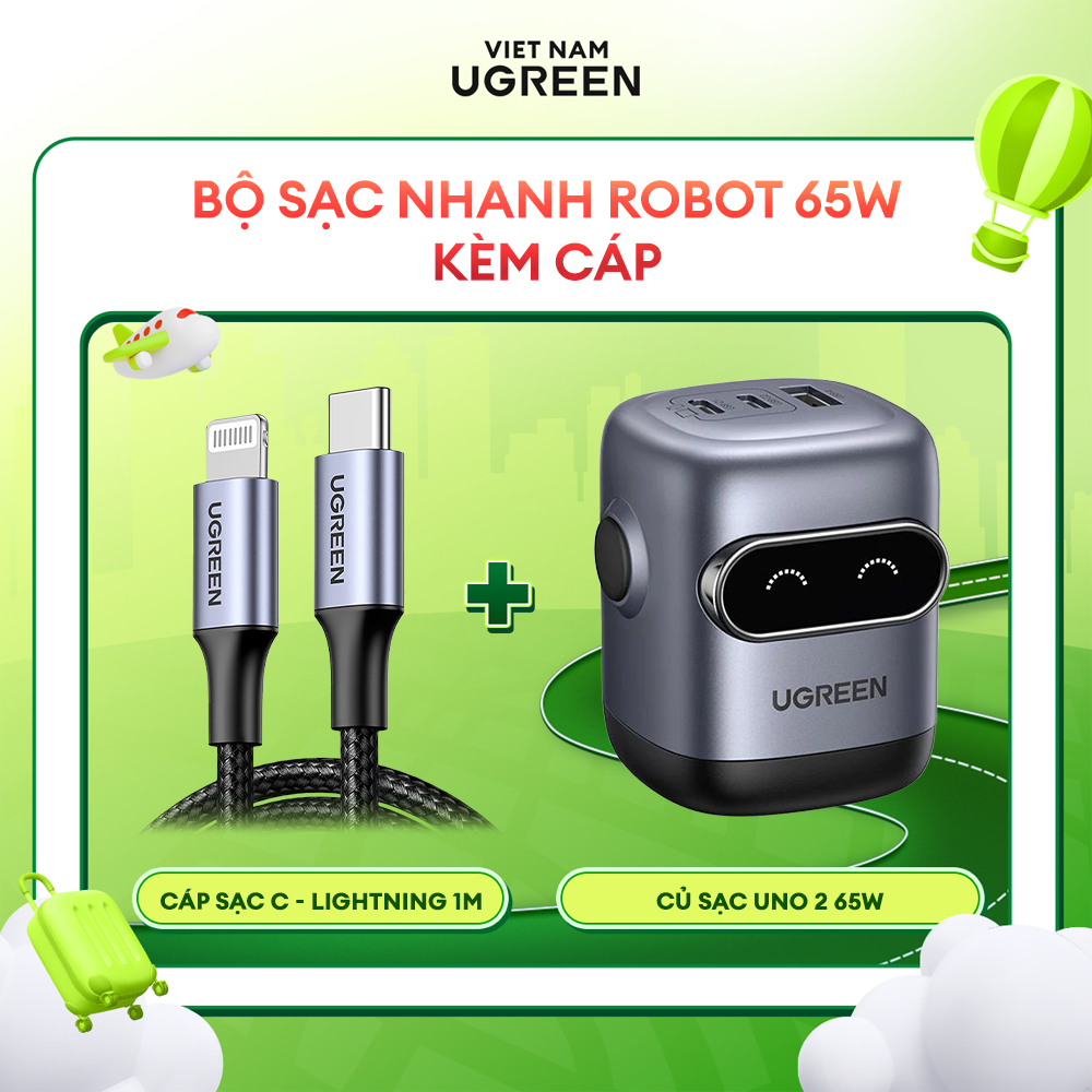 Bộ sạc nhanh Ugreen Robot 30W/65W kèm cáp Lightning dành cho iP8 đến ...