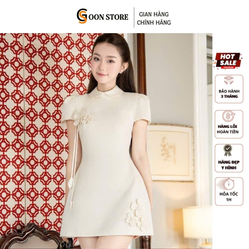 Đầm ngắn dáng suông ôm nhẹ tay ngắn cổ sen họa tiết hoa nổi tinh tế ...
