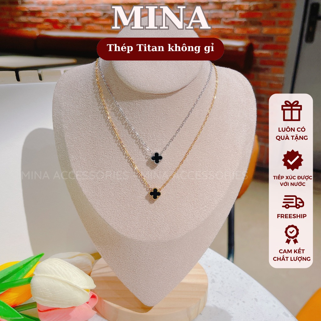 Dây chuyền nữ titan không gỉ cỏ 4 lá mini 0.8 hoa đen viền trắng/vàng ...