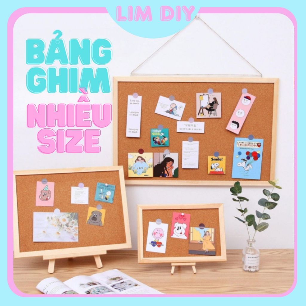 Bảng ghim giấy note, tranh ảnh, postcard. Bảng ghim gỗ bần tặng kèm đầy ...