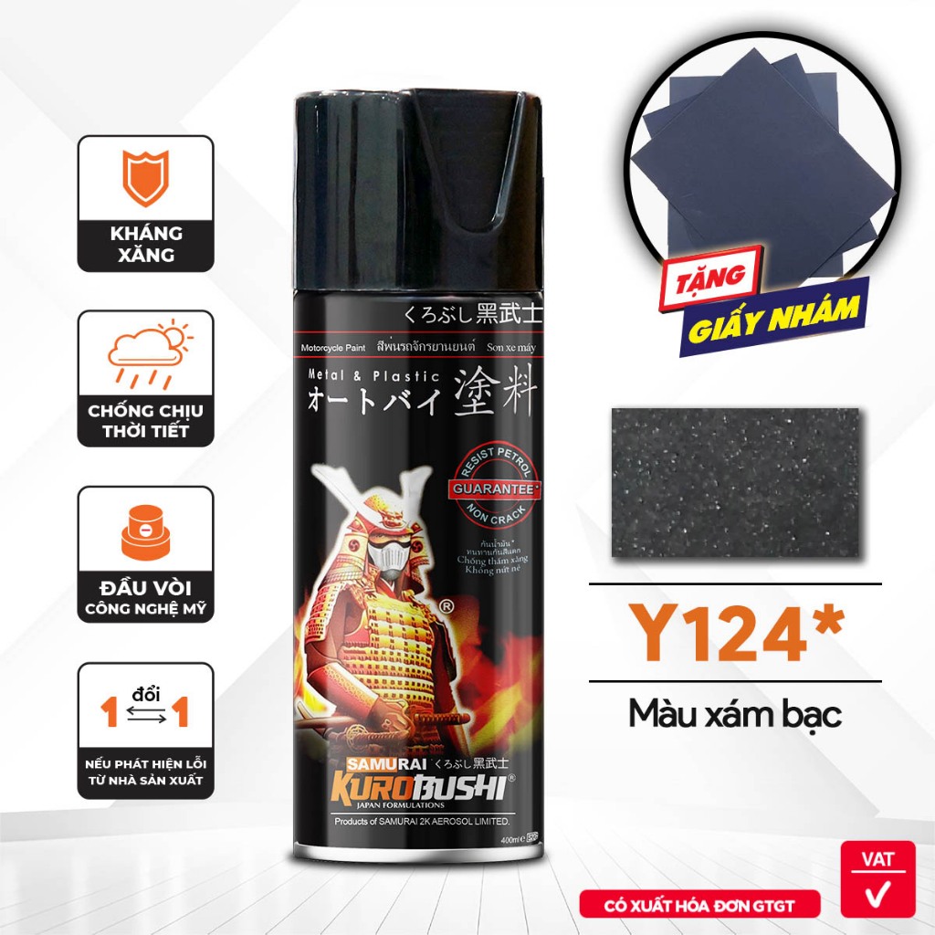 COMBO Sơn xịt Samurai màu xám bạc Y124 gồm 3 chai đủ quy trình độ bền ...