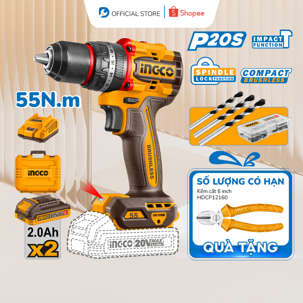 Thân máy khoan pin 20V ba chức năng có búa motor không chổi than, lực siết 55Nm Ingco ...