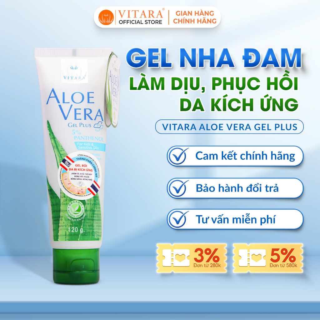 Gel thoa da bị kích ứng Vitara Aloe Vera 5% Panthanol làm dịu da sau ...