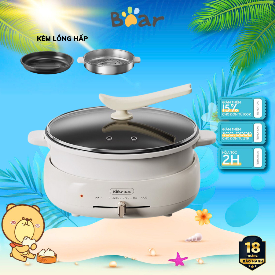 Nồi lẩu nướng đa năng Bear DHG-C40W2, Dung Tích 4L, Kèm Lồng Hấp, Chống Dính, Tháo Rời, BH 18 ...