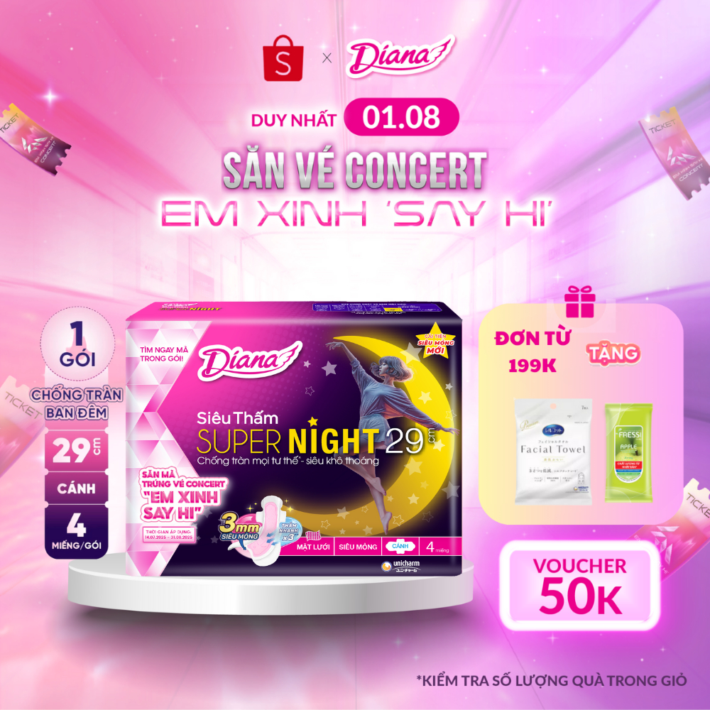 [20.07 - 10.09][SĂN VÉ CONCERT] Băng vệ sinh Diana siêu thấm Supernight 29cm gói 4 miếng ...
