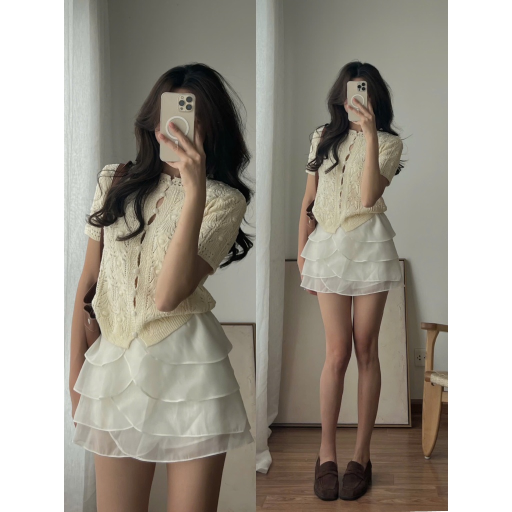 A972 Áo len móc cổ tròn khuy bọc ngắn tay Audrey | Shopee Việt Nam